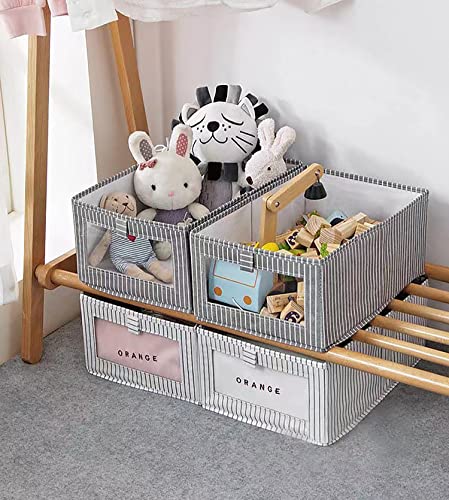 2 Pack Open Storage Bins, Washable & Visible Closet Clothing Organizer with Window. Foldable Fabric Baskets for Clothes, Towel, DVD, Book (Grey stripe)