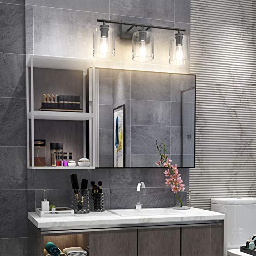 Aipsun 3 Lights Black Vanity Light Fixtures Over Mirror with Clear Glass Shades Industrial Wall Light Fixture for Bathroom(Exclude Bulb)