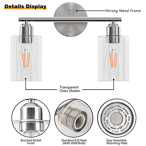 Espird Bathroom Vanity Light Fixtures Brushed Nickel, 2 Light Bathroom Light Fixture Over Mirror, UL Certification Bathroom Light Fixture, Modern Wall Lighting Fixtures with Glass Shade, E26 Socket