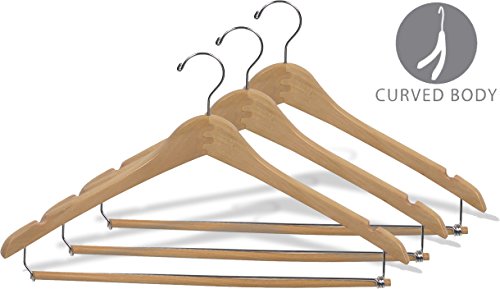 The Great American Hanger Company Curved Wood Suit Hanger w/Locking Bar, Box of 25 17 Inch Hangers w/Natural Finish & Chrome Swivel Hook & Notches for Shirt Dress or Pants