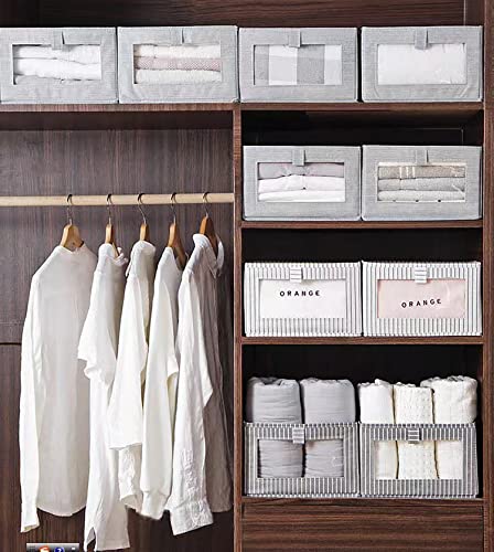 2 Pack Open Storage Bins, Washable & Visible Closet Clothing Organizer with Window. Foldable Fabric Baskets for Clothes, Towel, DVD, Book (Grey stripe)