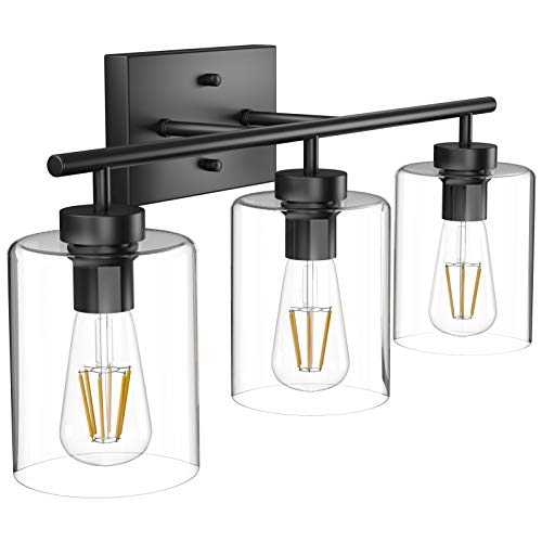 Aipsun 3 Lights Black Vanity Light Fixtures Over Mirror with Clear Glass Shades Industrial Wall Light Fixture for Bathroom(Exclude Bulb)
