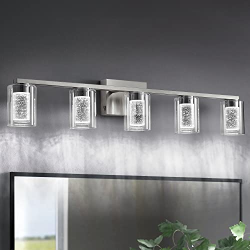 stambord Bathroom Light Fixtures, 5 Light Brushed Nickel Bathroom Vanity Light Over Mirror, 3 Color LED Vanity Lights with Crystal Bubble Glass, Dimmable Wall Sconce Lighting for Bathroom,Living Room