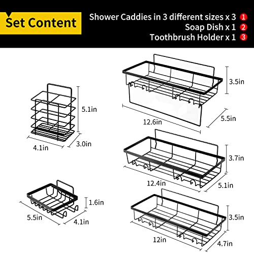Black Bathroom Shower Caddy Shelf Adhesive, Stainless Steel In Shower Storage Rack Bathroom Organizer Shower, Rust Proof Shower Caddies Shelves Dorm College with Soap Dish Toothbrush holder (5 Pack)