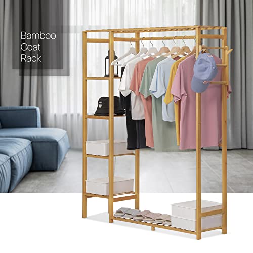 MoNiBloom Bamboo 6-Tier Garment Rack with Shelves Closet Coat Storage Organizer Clothes Hanging Rack with Pants Rack & Hooks for Bedroom, Living Room, Office, Mudroom, Natural