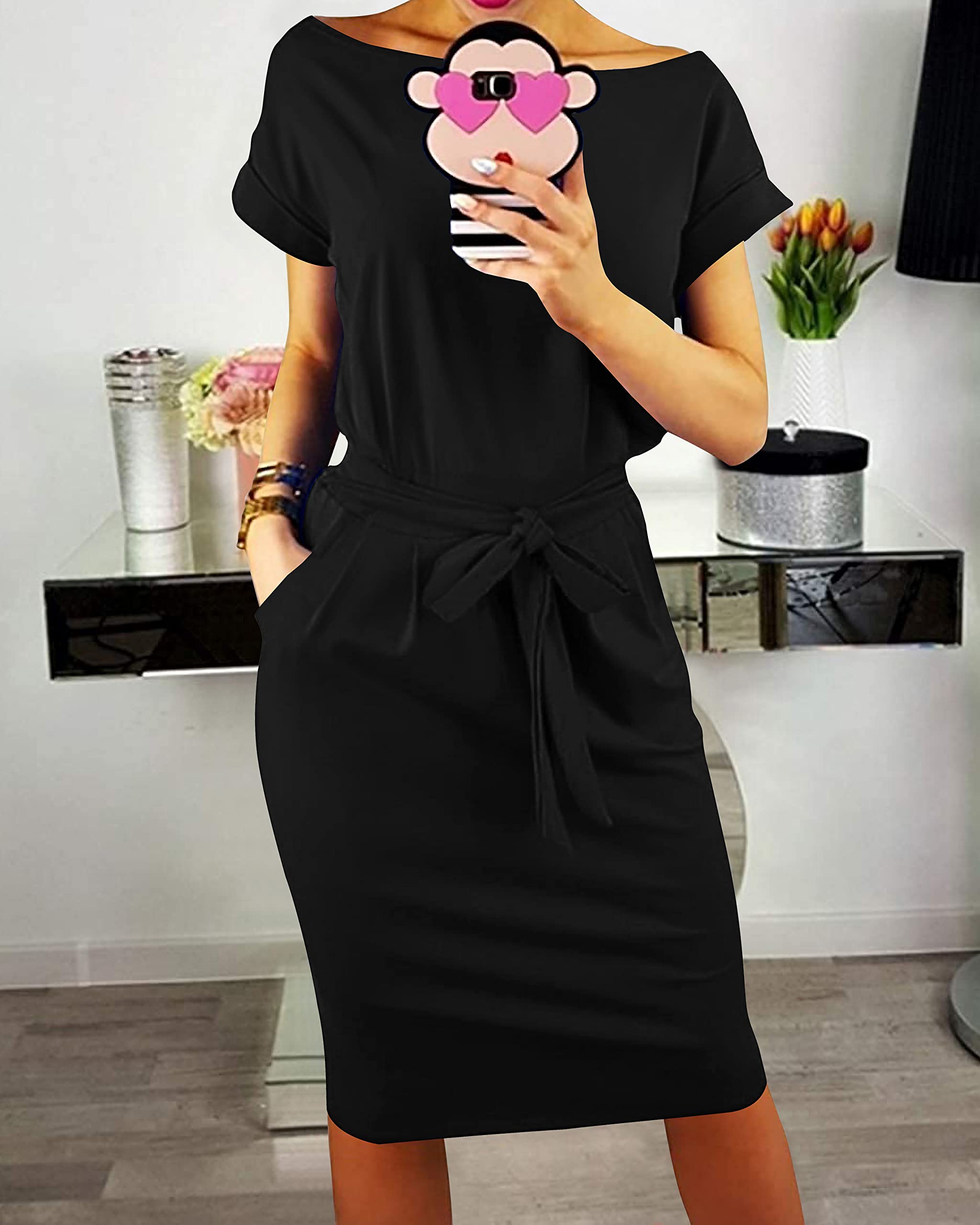PRETTYGARDEN Women's Summer Short Sleeve Crewneck Striped Dress Basic Solid Tie Waist Office T Shirt Dresses Pockets Black Small