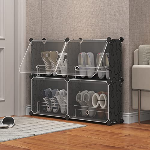 MAGINELS 4-Pair Shoe Rack Organizer with Cover, Slim Shoe Storage Cabinet,Behind Door, Narrow Shoe Shelf for Closet,entryway,Black
