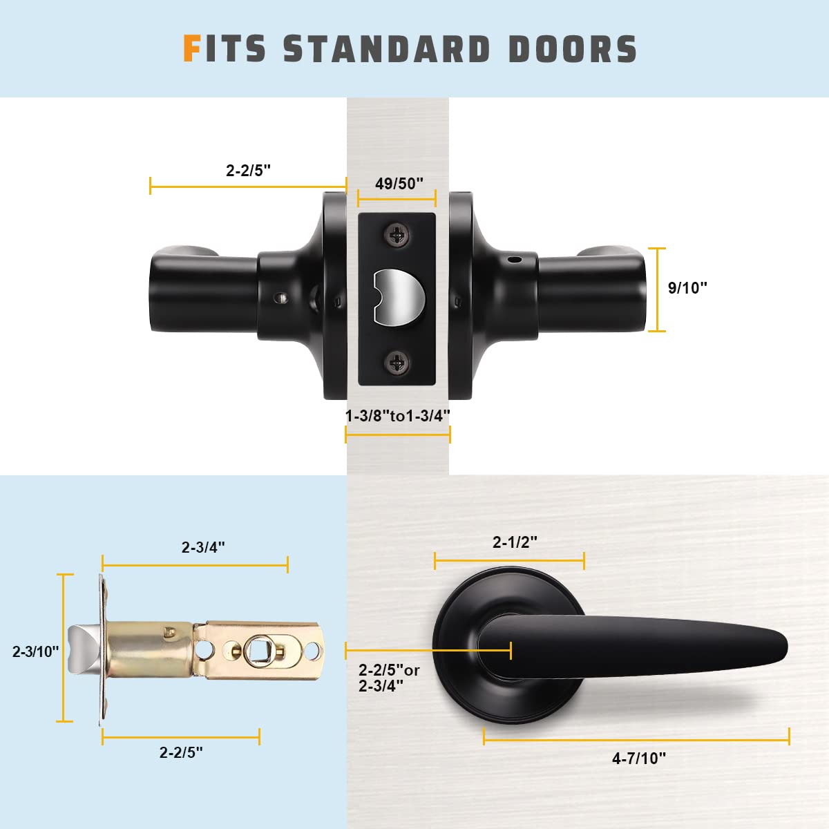 KNOBWELL 10 Pack Black Passage Door Lever Door Handle Non-Locking Lever Set for Hallway Door or Closet with a Matte Black Finish, Reversible for Right or Left Side (No Lock)