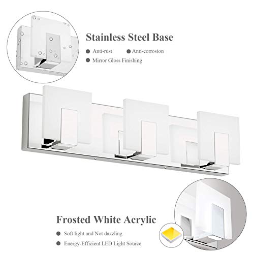 Aipsun 3 Lights Dimmable Modern LED Vanity Light for Bathroom Frosted White Acrylic Chrome Up and Down Bathroom Wall Light Fixtures Over Mirror(White Light 6000K)