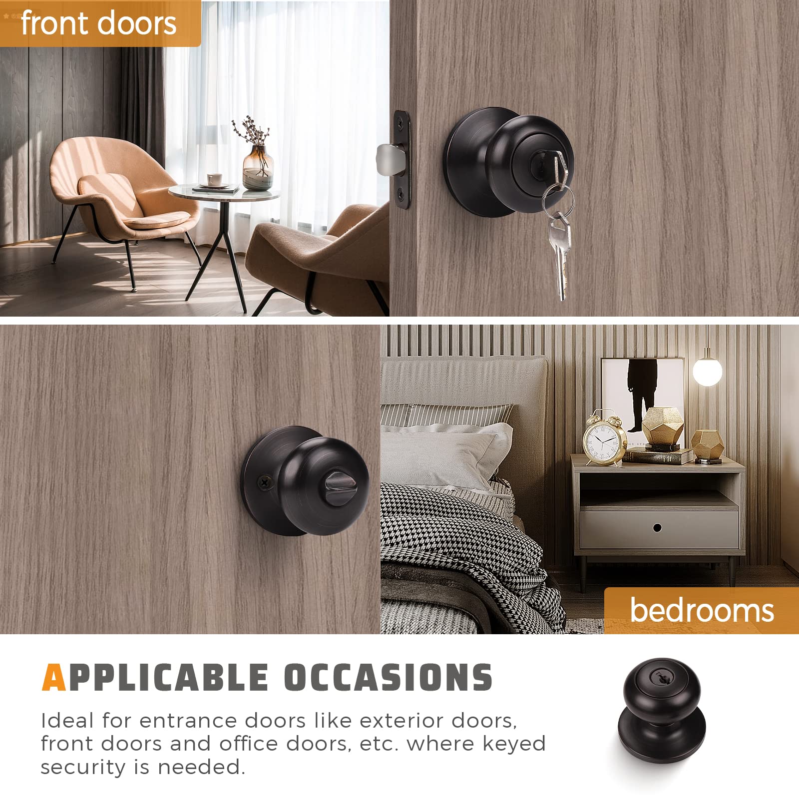 KNOBWELL 5 Pack Keyed Entry Door Knobs with Same Keys, Modern Door Knob Keyed Alike, Exterior Locking Door Knobs with Keys, Oil Rubbed Bronze