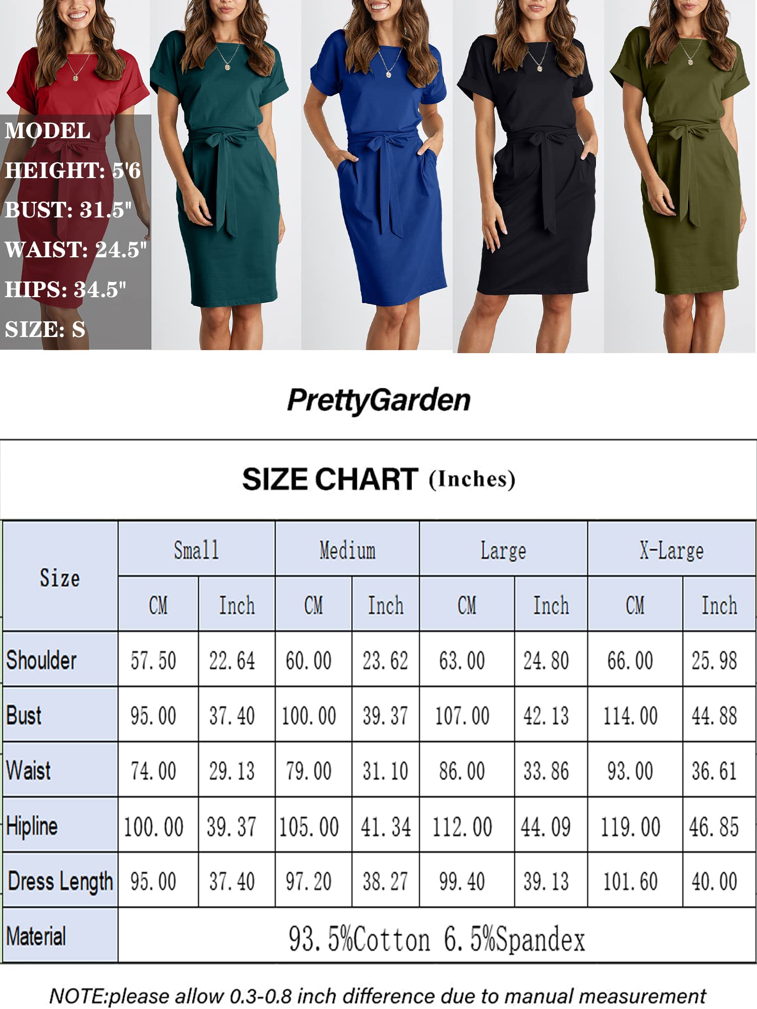 PRETTYGARDEN Women's Summer Short Sleeve Crewneck Striped Dress Basic Solid Tie Waist Office T Shirt Dresses Pockets Black Small