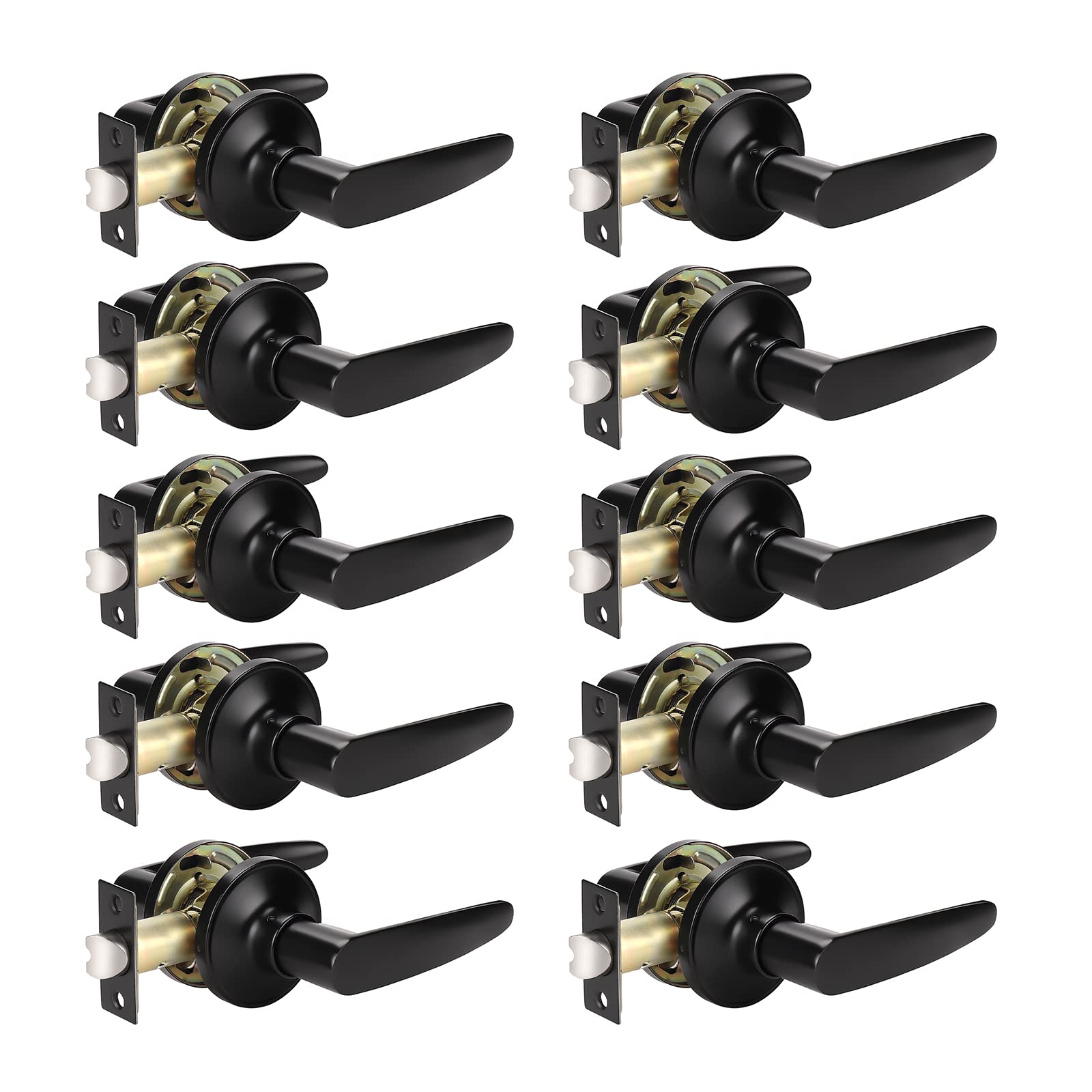 KNOBWELL 10 Pack Black Passage Door Lever Door Handle Non-Locking Lever Set for Hallway Door or Closet with a Matte Black Finish, Reversible for Right or Left Side (No Lock)