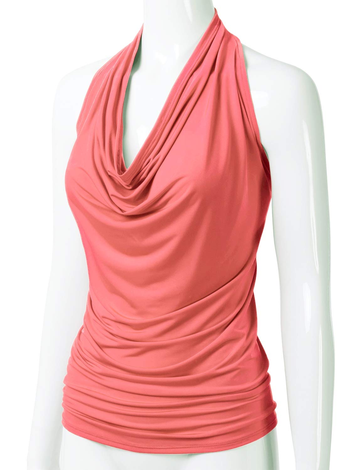 EIMIN Women's Casual Halter Neck Draped Front Sexy Open Back Tank Top Coral M