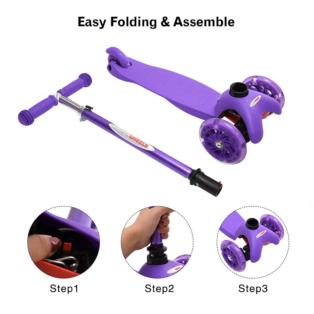ChromeWheels Scooter for Kids, Deluxe 3 Wheel Scooter for Toddlers 4 Adjustable Height Glider with Kick Scooters, Lean to Steer with LED Flashing Light for Ages 3-6 Girls Boys, Purple