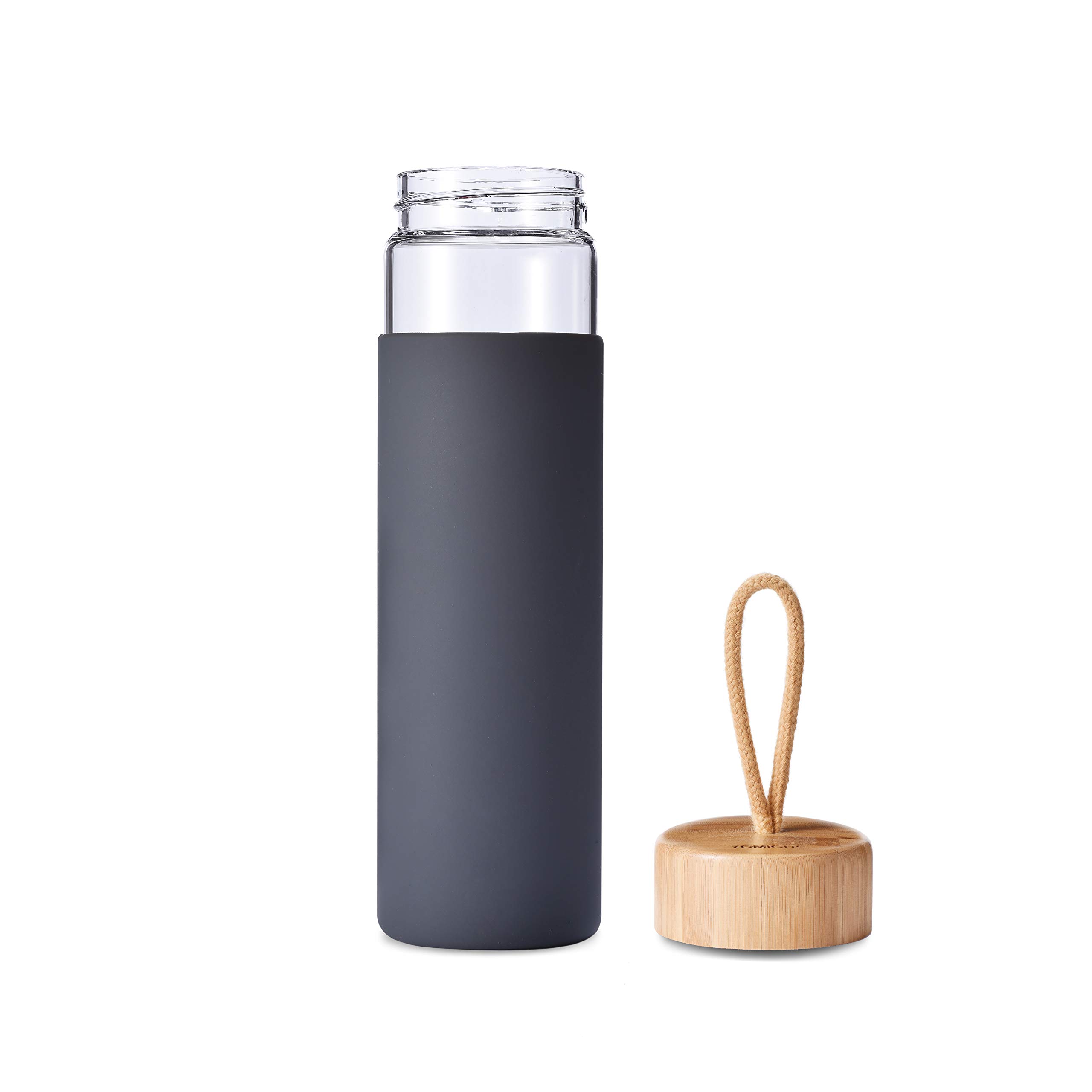Yomious 20 Oz Borosilicate Glass Water Bottle with Bamboo Lid and Silicone Sleeve – Reusable BPA Free – Cute Drinking Bottle for Women - Shaker Bottle
