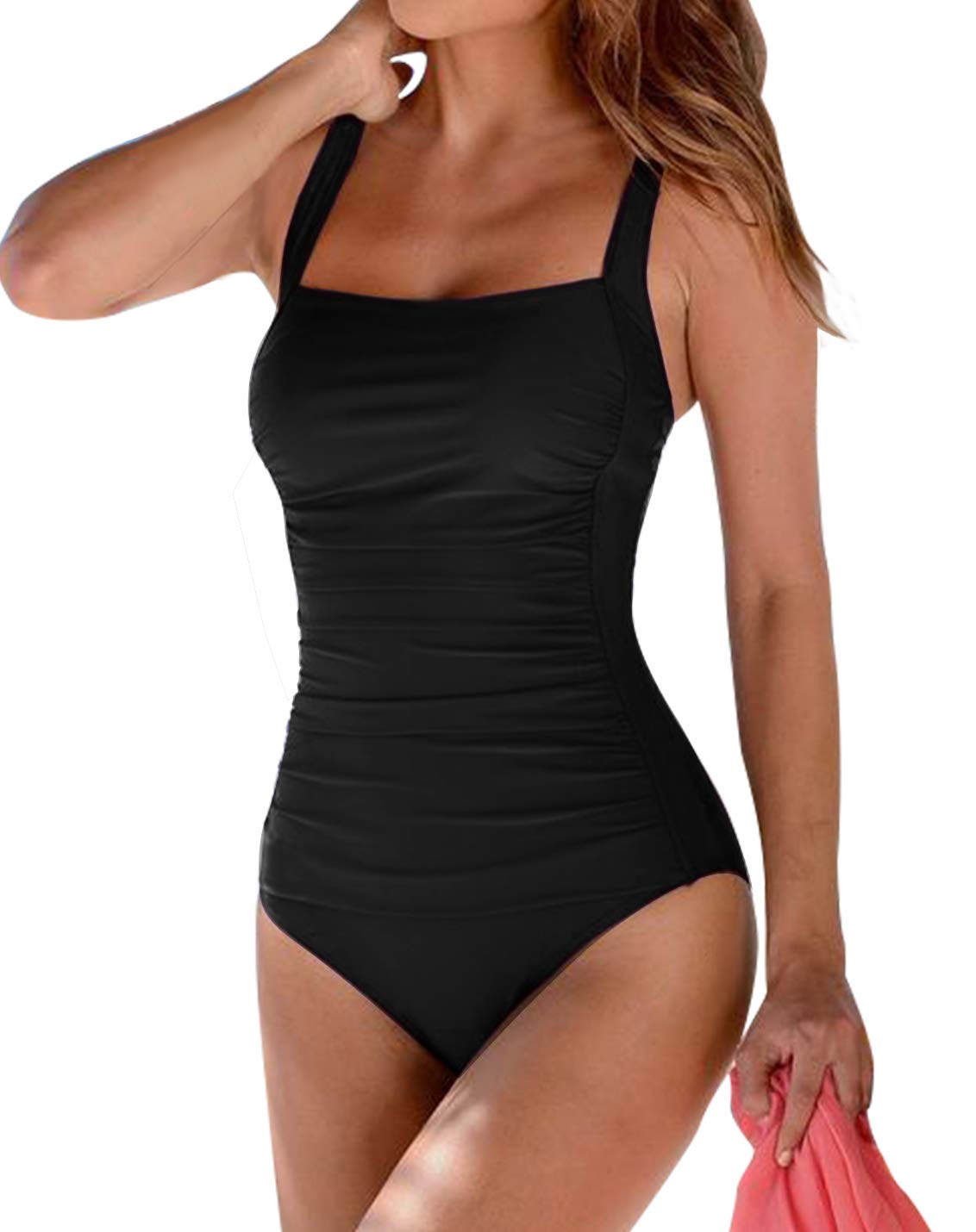 Upopby Women's Vintage Padded Push up One Piece Swimsuits Tummy Control Bathing Suits for Women Plus Size Swimwear Black 18