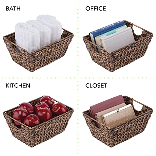 mDesign Natural Woven Hyacinth Closet Storage Organizer Basket Bin for Kitchen Cabinets, Pantry, Bathroom, Laundry Room, Closets, Garage - 4 Pack - Dark Brown