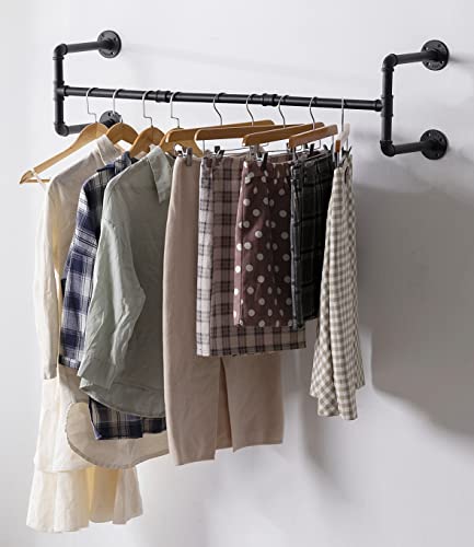 YLFAHXP Industrial Pipe Clothes Rack, Heavy Duty Detachable Wall Mounted Iron Garment Bar, Multi-purpose Clothing Rack Hanging Rod Organizer for Closet Storage (Black)