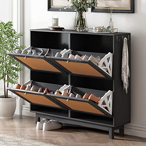 Merax Rattan Free Standing Shoe Rack with 4 Flip Drawers, Modern 2-Tier Storage Cabinet with Large Space for Entrance Hallway, Boho Style, Black
