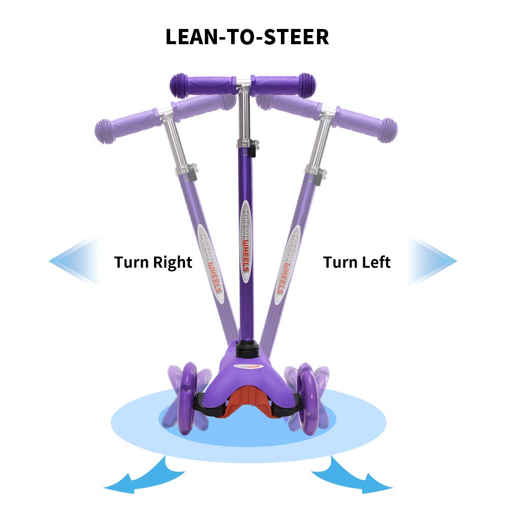 ChromeWheels Scooter for Kids, Deluxe 3 Wheel Scooter for Toddlers 4 Adjustable Height Glider with Kick Scooters, Lean to Steer with LED Flashing Light for Ages 3-6 Girls Boys, Purple