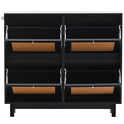 Merax Rattan Free Standing Shoe Rack with 4 Flip Drawers, Modern 2-Tier Storage Cabinet with Large Space for Entrance Hallway, Boho Style, Black