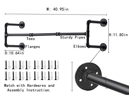 YLFAHXP Industrial Pipe Clothes Rack, Heavy Duty Detachable Wall Mounted Iron Garment Bar, Multi-purpose Clothing Rack Hanging Rod Organizer for Closet Storage (Black)