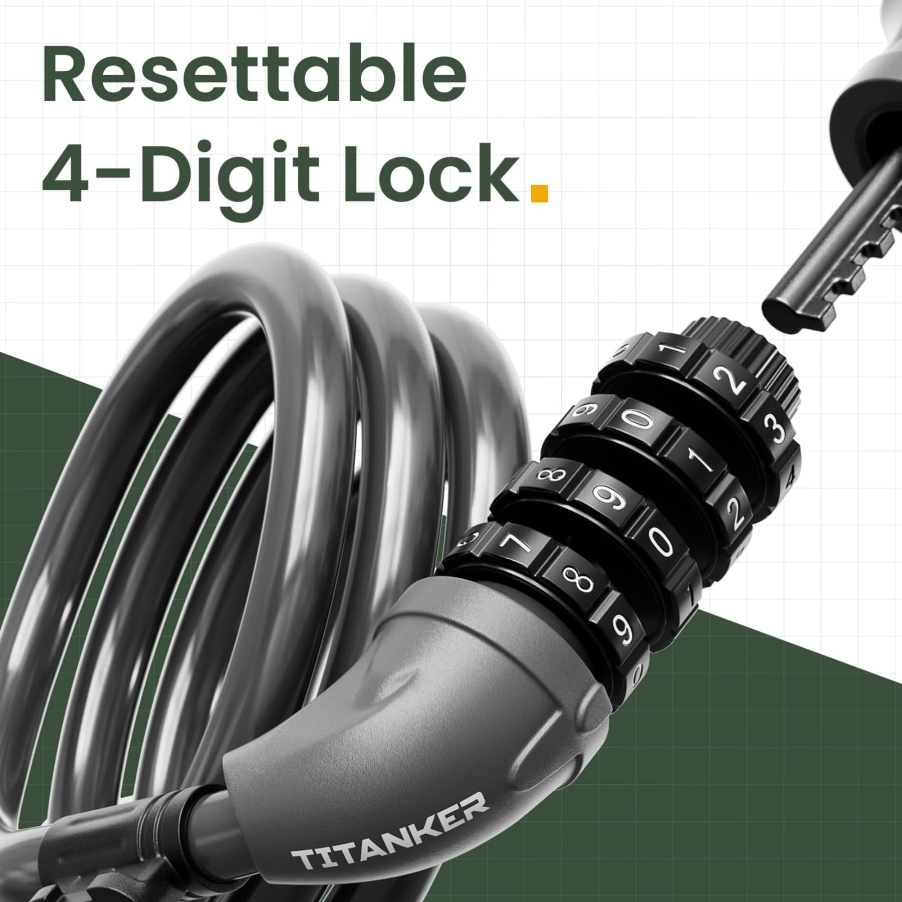 Titanker Bike Lock, Lock for Bike Locks with Combinations Resettable Bike Lock Cable 4 Feet with Mounting Bracket, 1/2 Inch Diameter Gray-1/2in