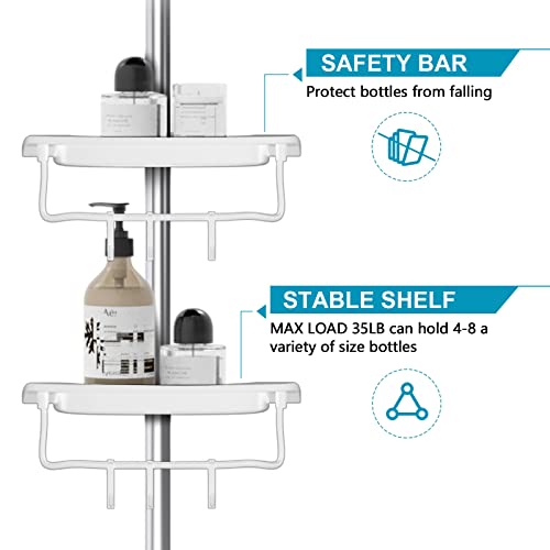 DYN Ptah Shower Caddy Corner - 5-Tier 95-116 Inch Rustproof Adjustable, Stainless Steel Tension Pole Shower Caddy Corner for Bathroom Storage, White