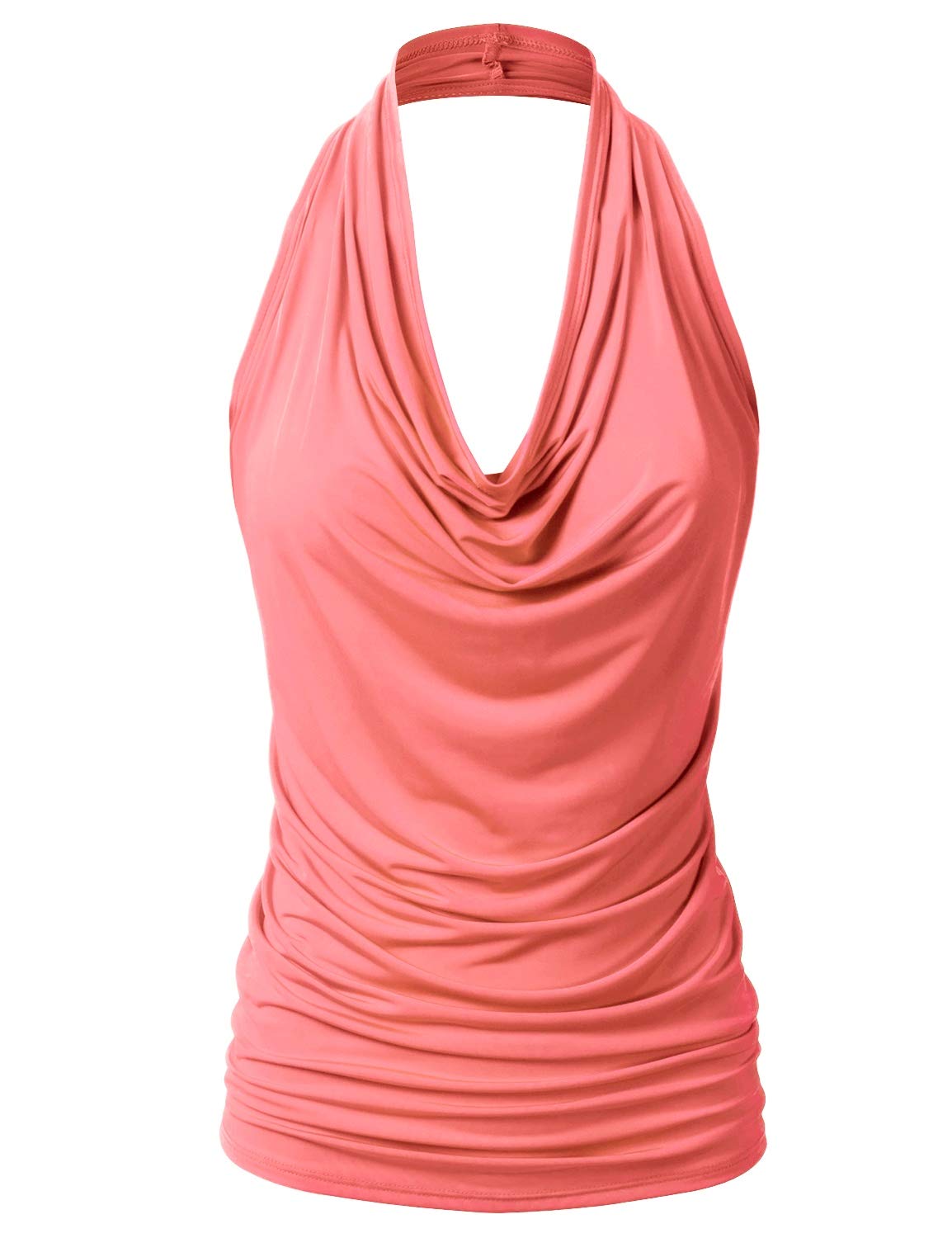 EIMIN Women's Casual Halter Neck Draped Front Sexy Open Back Tank Top Coral M