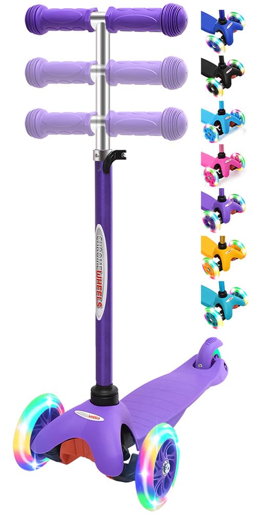 ChromeWheels Scooter for Kids, Deluxe 3 Wheel Scooter for Toddlers 4 Adjustable Height Glider with Kick Scooters, Lean to Steer with LED Flashing Light for Ages 3-6 Girls Boys, Purple