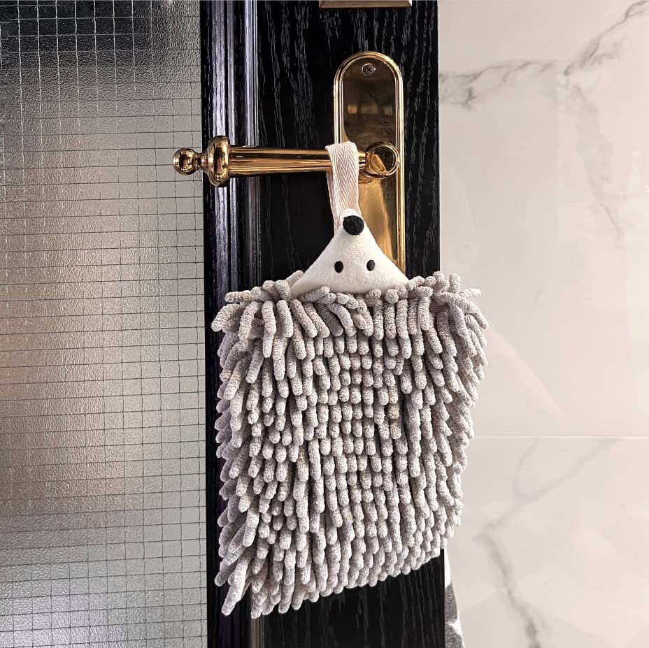 RETON 6PCS Bathroom Hand Towel, Soft Absorbent Quick Drying Chenille Hand Towels, Cute Animal Hanging Hand Towels for Kitchen Powder Room Kids (White+Gray+Pink+Blue, Hedgehog)