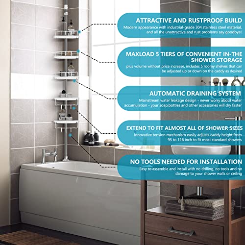 DYN Ptah Shower Caddy Corner - 5-Tier 95-116 Inch Rustproof Adjustable, Stainless Steel Tension Pole Shower Caddy Corner for Bathroom Storage, White