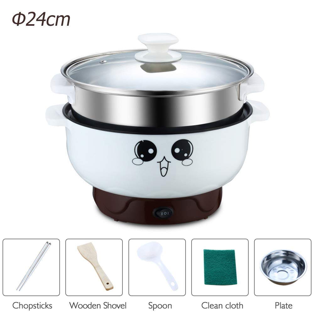 Jian Ya Na 220V Electric Skillet, Stainless Steel, Nonstick Interior, with Glass Lid, White & Mini & Portable (24CM, with Steam Pan)