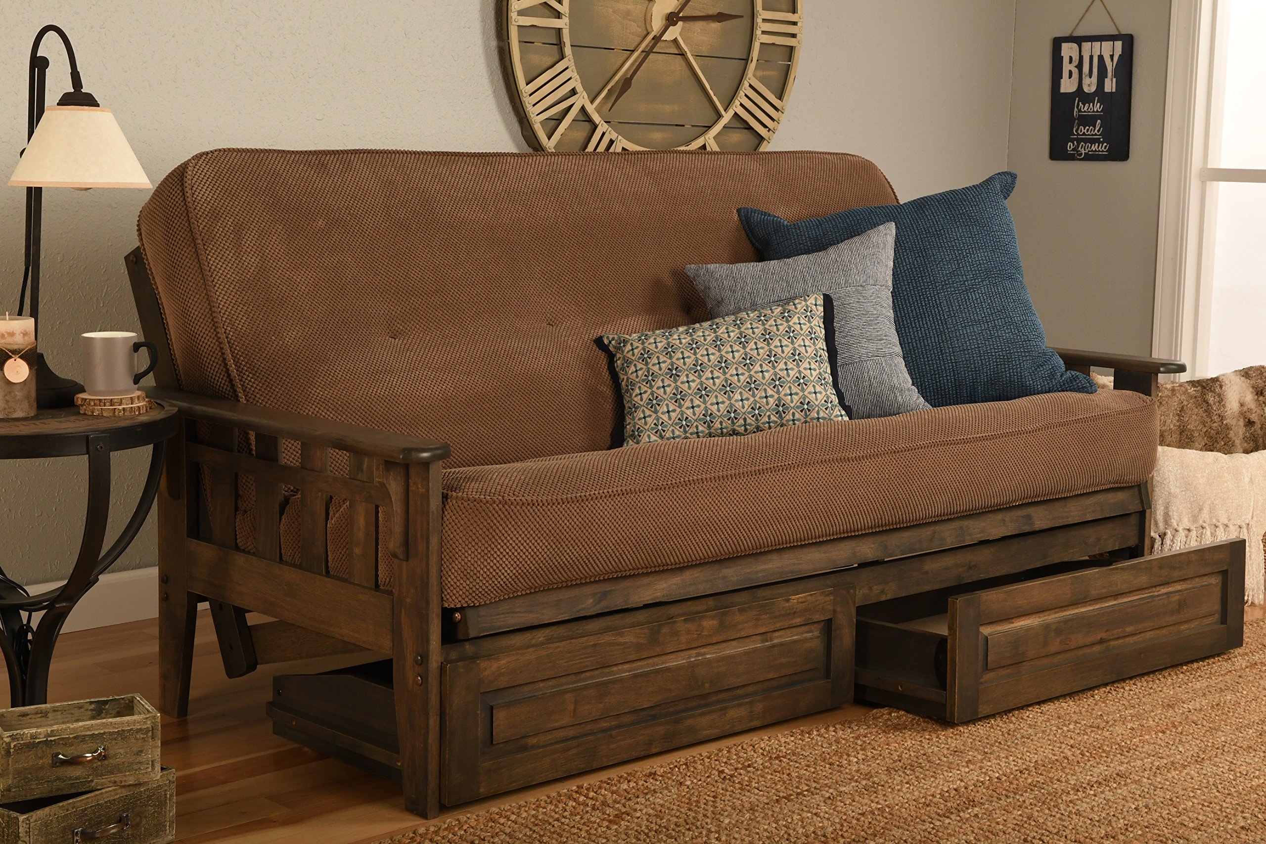 Jerry Sales Tucson Rustic Walnut Frame and Mattress Set with Choice to add Drawers, 8 Inch Innerspring Futon Sofa Bed Full Size Wood (Marmont Mocha Matt, Frame and Drawers)
