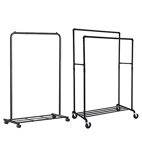 SONGMICS Clothes Rack on Wheels and Clothing Rack Bundle, Heavy Duty Garment Racks with Shelves, Steel, Closet Organization Storage, Black UHSR25BK and UHSR60B