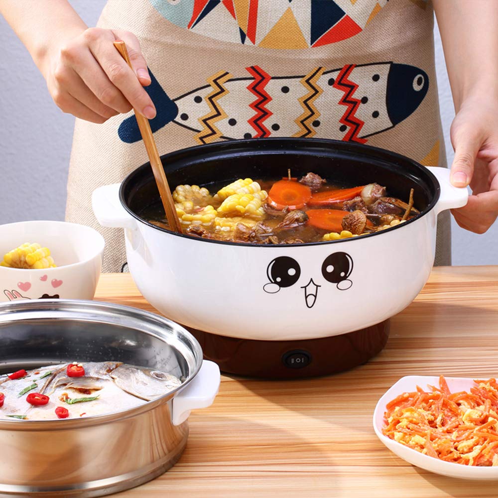Jian Ya Na 220V Electric Skillet, Stainless Steel, Nonstick Interior, with Glass Lid, White & Mini & Portable (24CM, with Steam Pan)