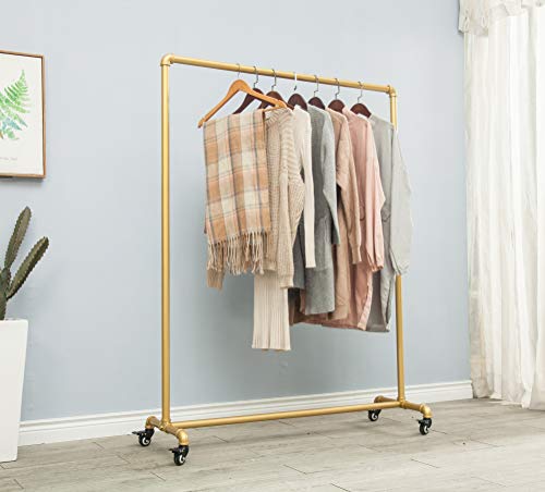 FOF FRIEND OF FAMILY (63" Tall,1" Pipe,Gold Color) Industrial Pipe Clothing Rack Vintage Garment Rack Pipeline Rolling Clothing Racks on Wheels.