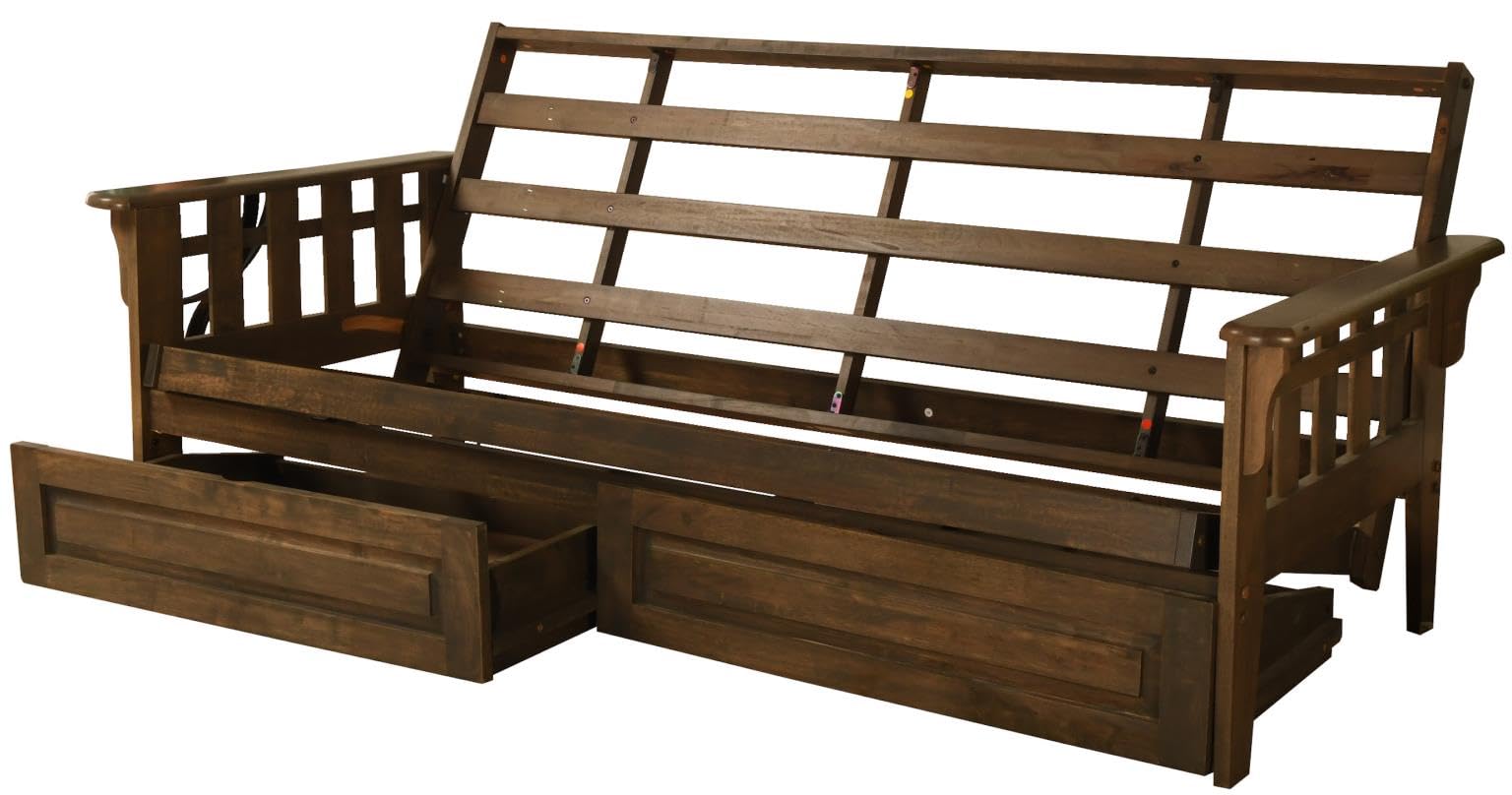 Jerry Sales Tucson Rustic Walnut Frame and Mattress Set with Choice to add Drawers, 8 Inch Innerspring Futon Sofa Bed Full Size Wood (Marmont Mocha Matt, Frame and Drawers)