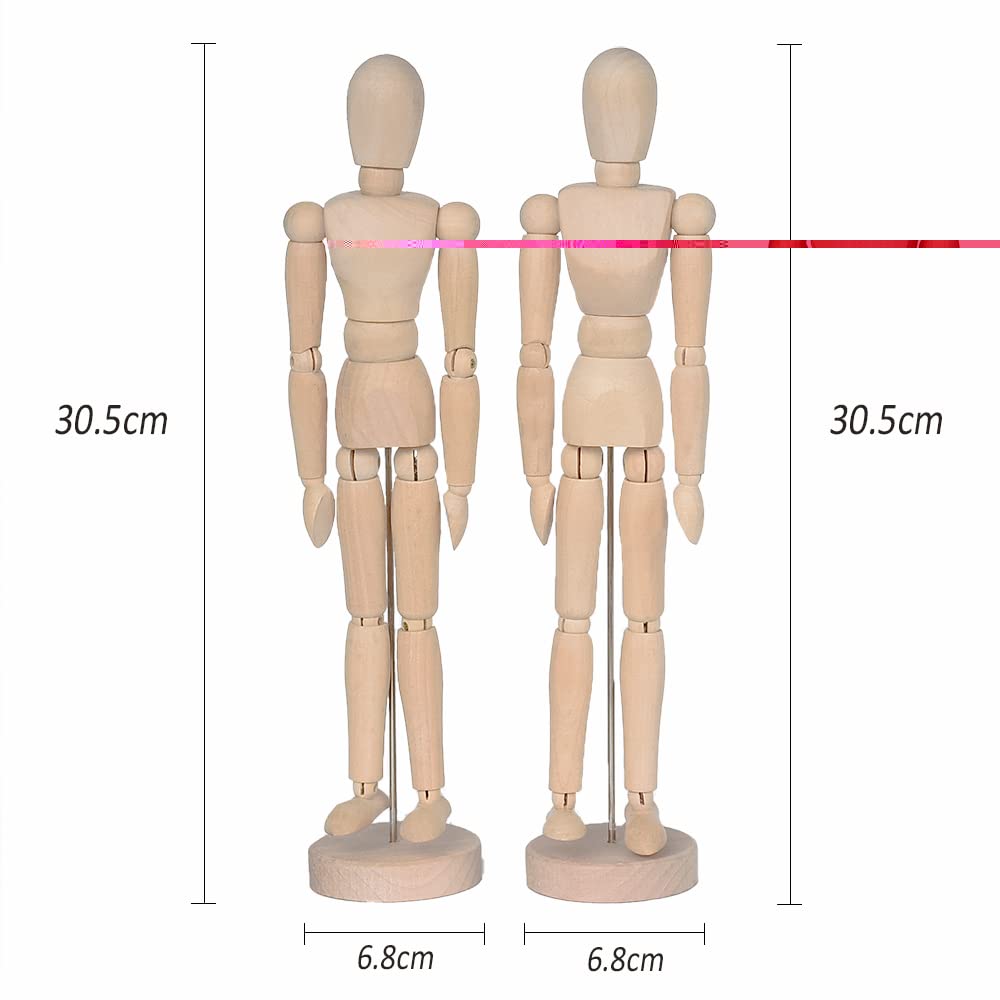 Alikeke 2 Pack 12 Inches Tall Wooden Mannequin Artist Manikin with Stand - Great for Drawing or Desktop Decor (Men and Women/Dad and Mom )