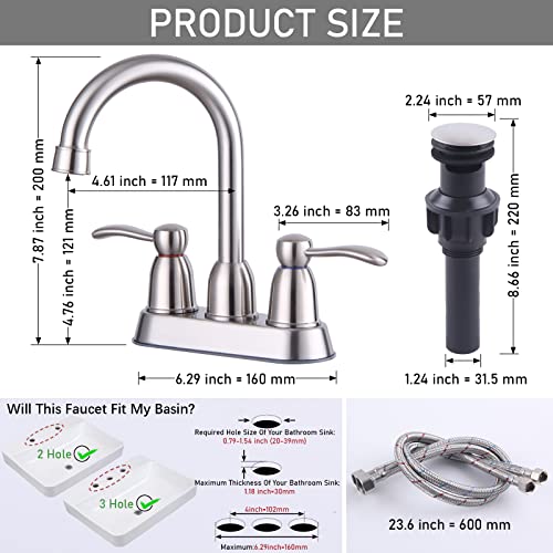 Bathroom Faucets, Bathroom Sink Faucet, 4 Inch 2 Handle Centerset Faucet for Bathroom Sink, Lead-Free, with Pop Up Drain Water Supply Lines - Brushed Nickel