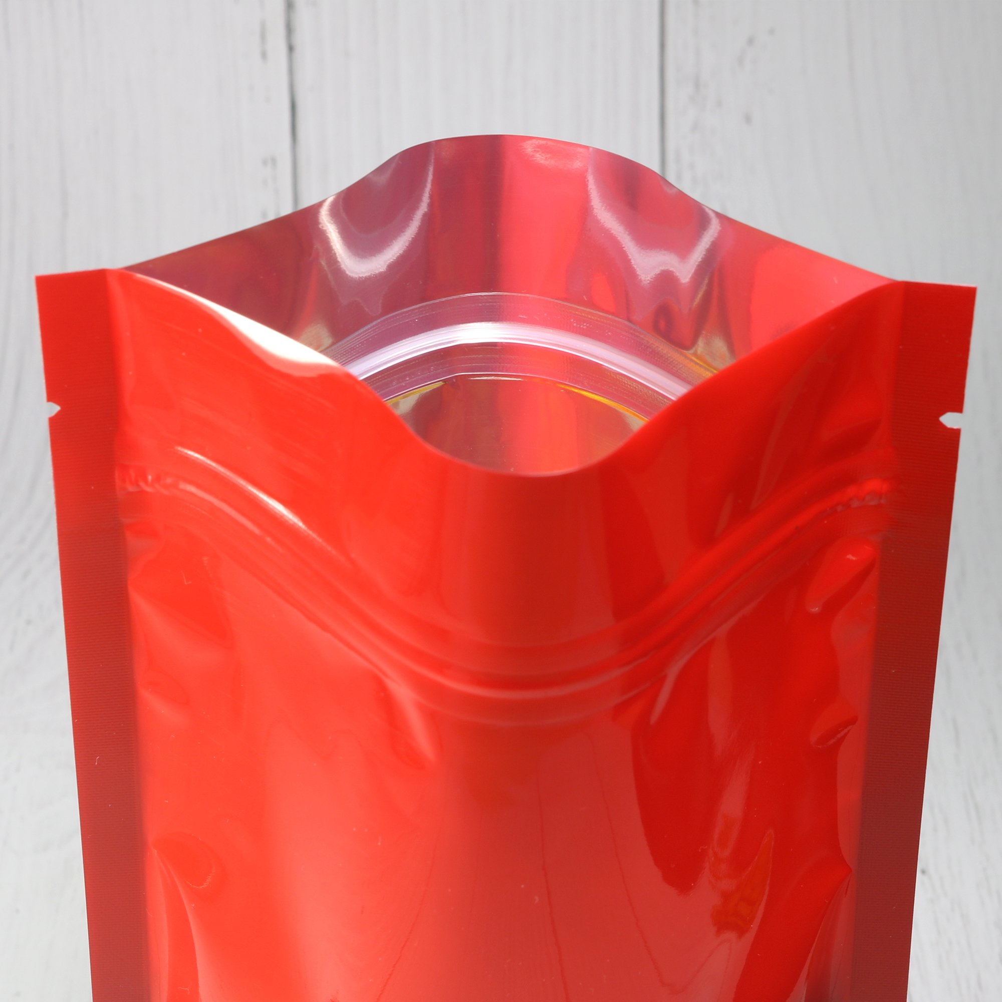 QQ Studio Pack of 100 Glossy Colored Mylar Foil Stand-Up Zip Seal Bags w/Clear Round Window (Glossy Red, 4.0 inches x 6.3 inches)
