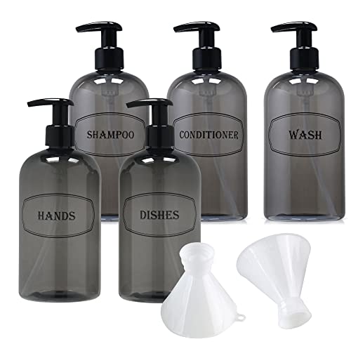 Bottiful Home-16 oz. Gray Plastic Shampoo, Conditioner, Wash, Hands, Dishes Refillable Reusable Shower & Kitchen Bottles-Black Lotion Pumps-2 Twist-on Funnels for Hands-Free Refills-Bundle