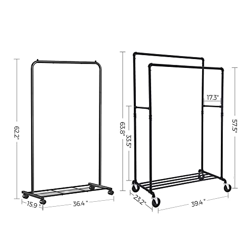 SONGMICS Clothes Rack on Wheels and Clothing Rack Bundle, Heavy Duty Garment Racks with Shelves, Steel, Closet Organization Storage, Black UHSR25BK and UHSR60B