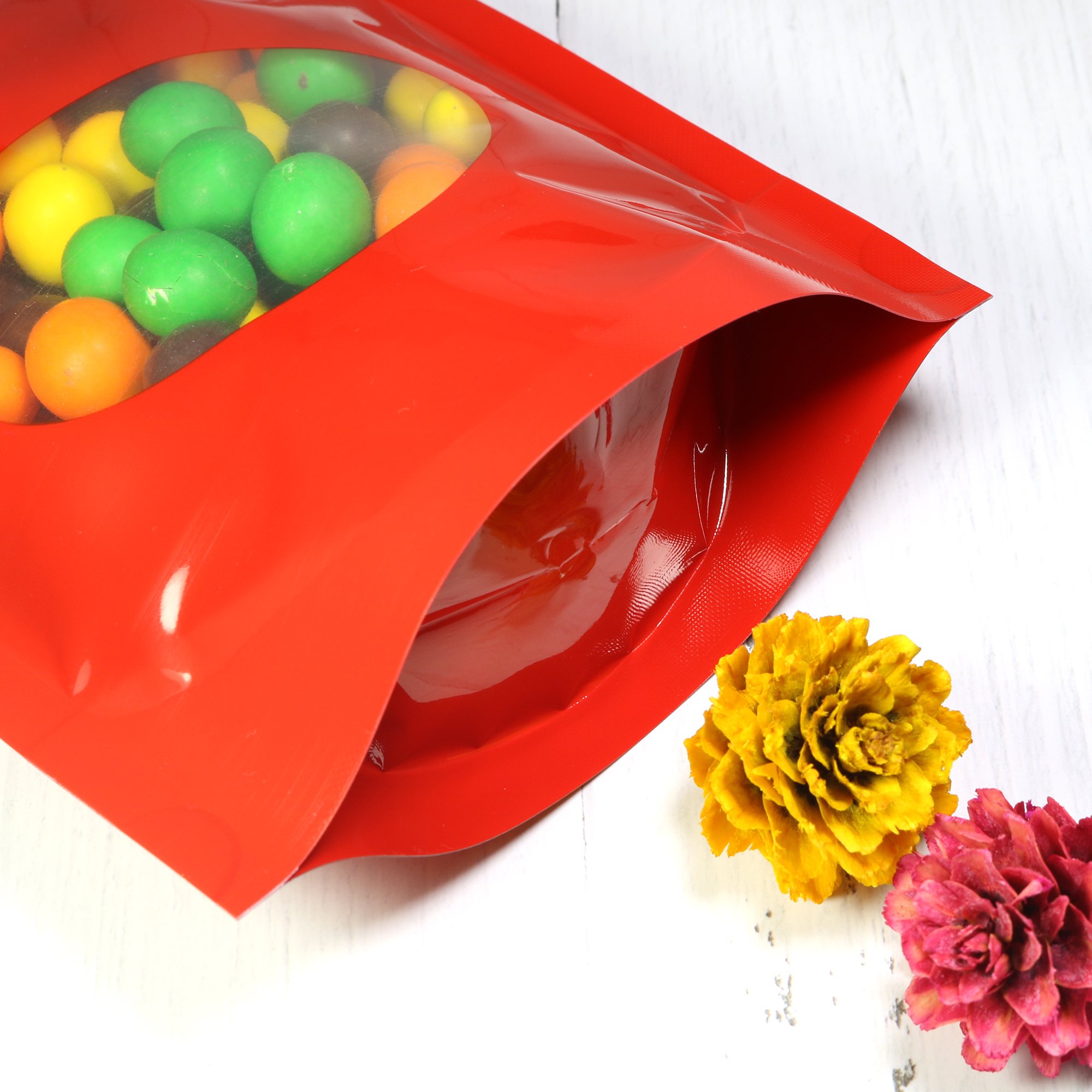QQ Studio Pack of 100 Glossy Colored Mylar Foil Stand-Up Zip Seal Bags w/Clear Round Window (Glossy Red, 4.0 inches x 6.3 inches)