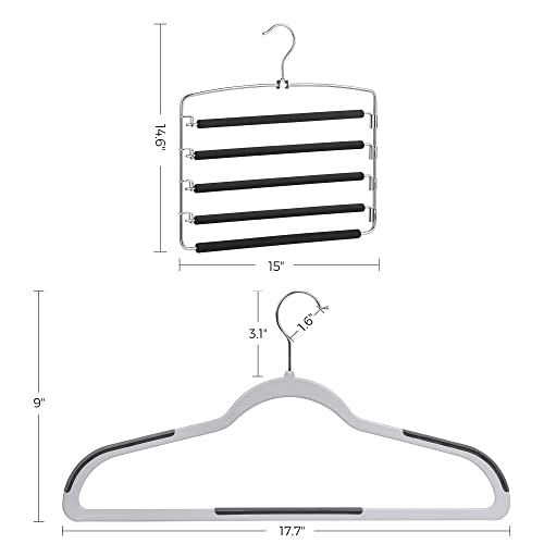 SONGMICS 50-Pack Coat Hangers and 3-Pack Jeans Hanger Bundle, Plastic and Metal Hangers, Swing Arm, Non-Slip, Light and Dark Gray, Black UCRF50G and UCRI041BK