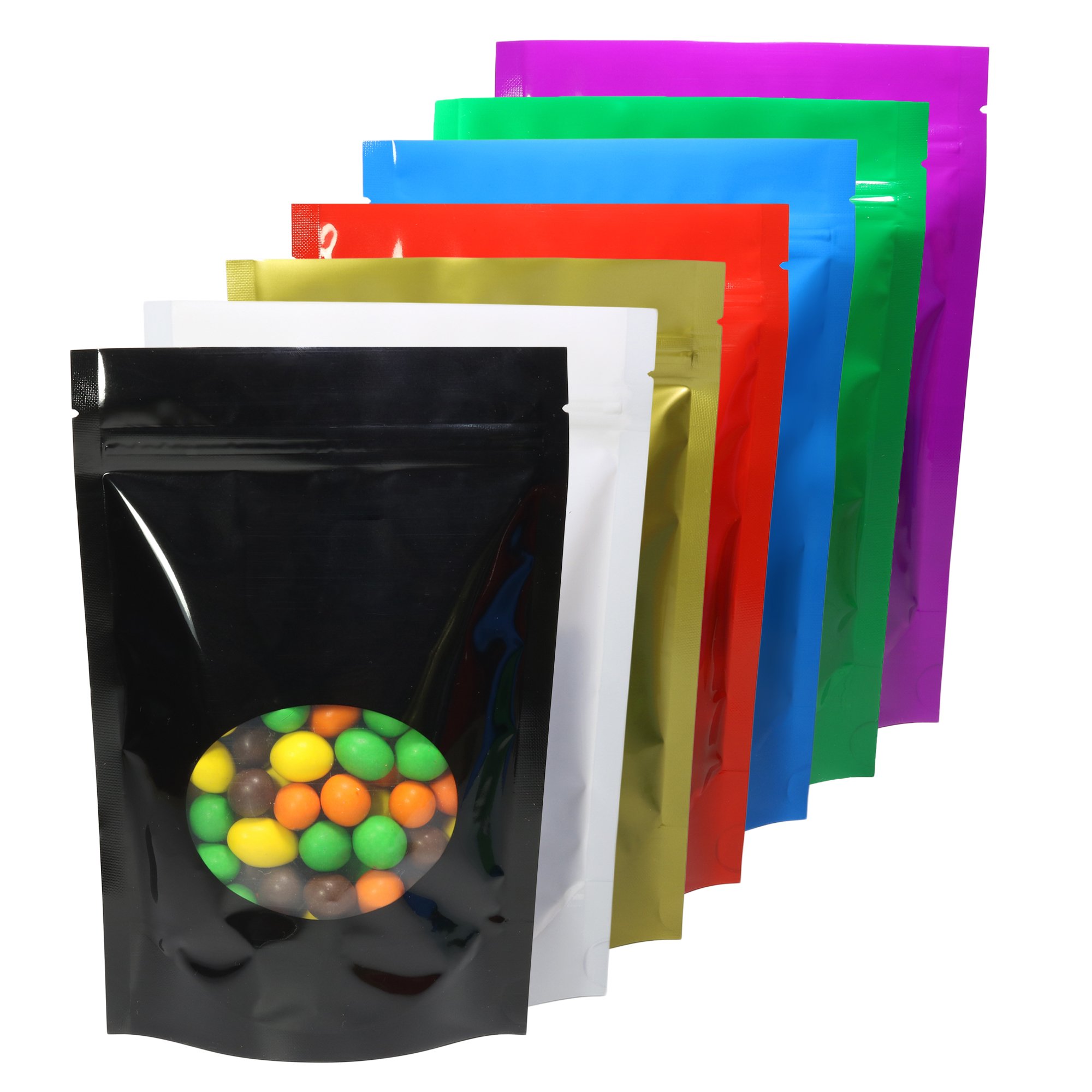 QQ Studio Pack of 100 Glossy Colored Mylar Foil Stand-Up Zip Seal Bags w/Clear Round Window (Glossy Red, 4.0 inches x 6.3 inches)