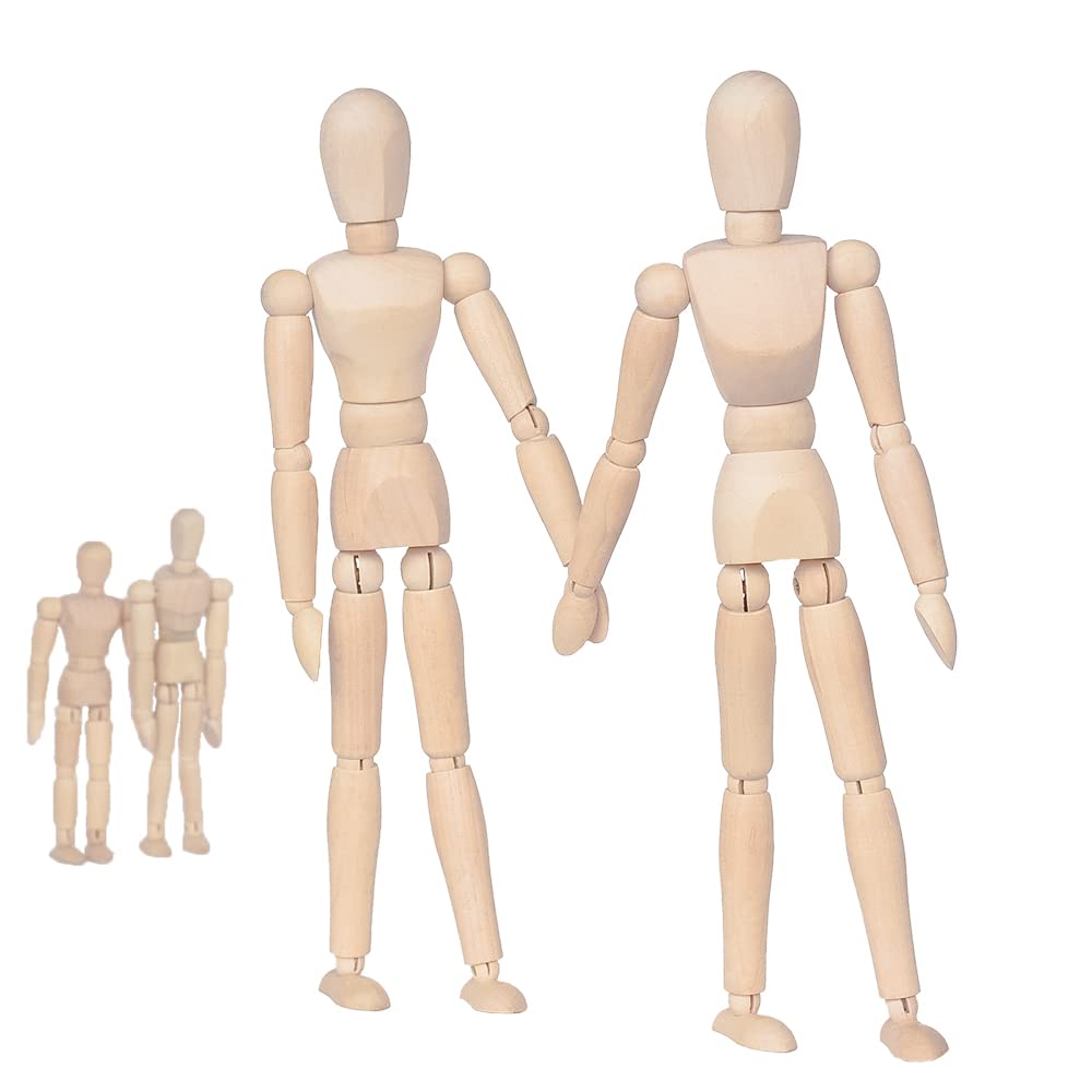 Alikeke 2 Pack 12 Inches Tall Wooden Mannequin Artist Manikin with Stand - Great for Drawing or Desktop Decor (Men and Women/Dad and Mom )