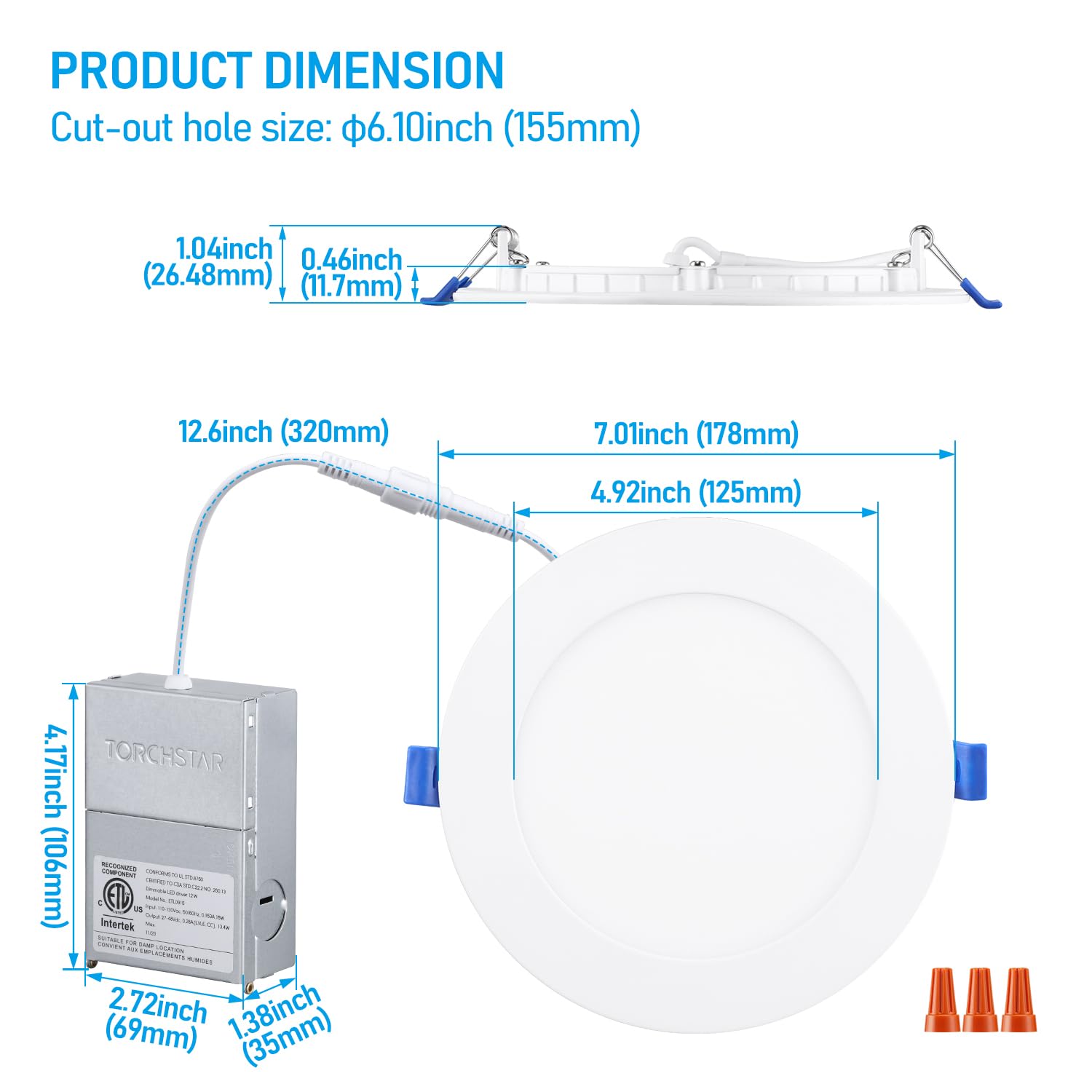 TORCHSTAR Basic Series 12-Pack 6 Inch Ultra-Thin LED Recessed Lighting with Junction Box, CRI90, Aluminum, 5000K Daylight, 5%-100% Dimmable Slim Recessed Downlight, 12W 1100LM, ETL and Energy Star