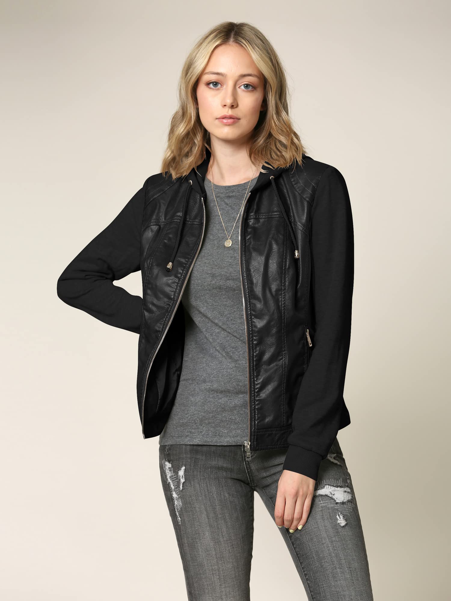 Lock and Love LL WJC1347 Womens Faux Leather Zip Up Moto Biker Jacket with Hoodie XL Black_Black