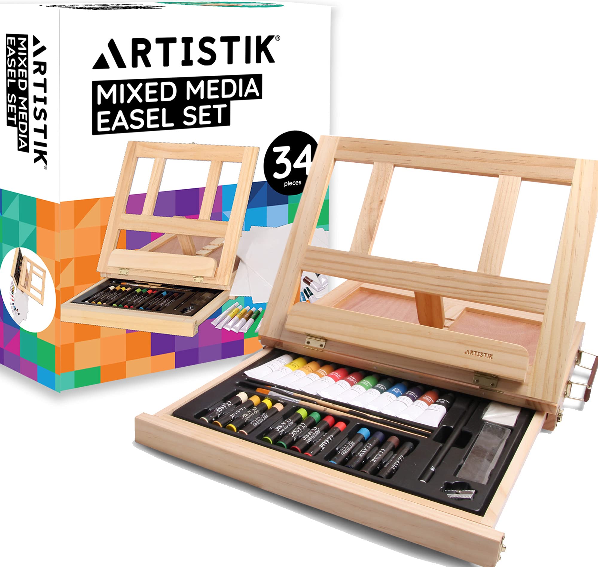 Mixed Media Art Set - 34 Piece, Easel Painting Kit with Wood Table Desk Top Easel Box Includes Acrylic Paints, 3 Canvas Boards, Pastels, Desktop Art Supplies Gift for Beginner Artists, Kids, Adults